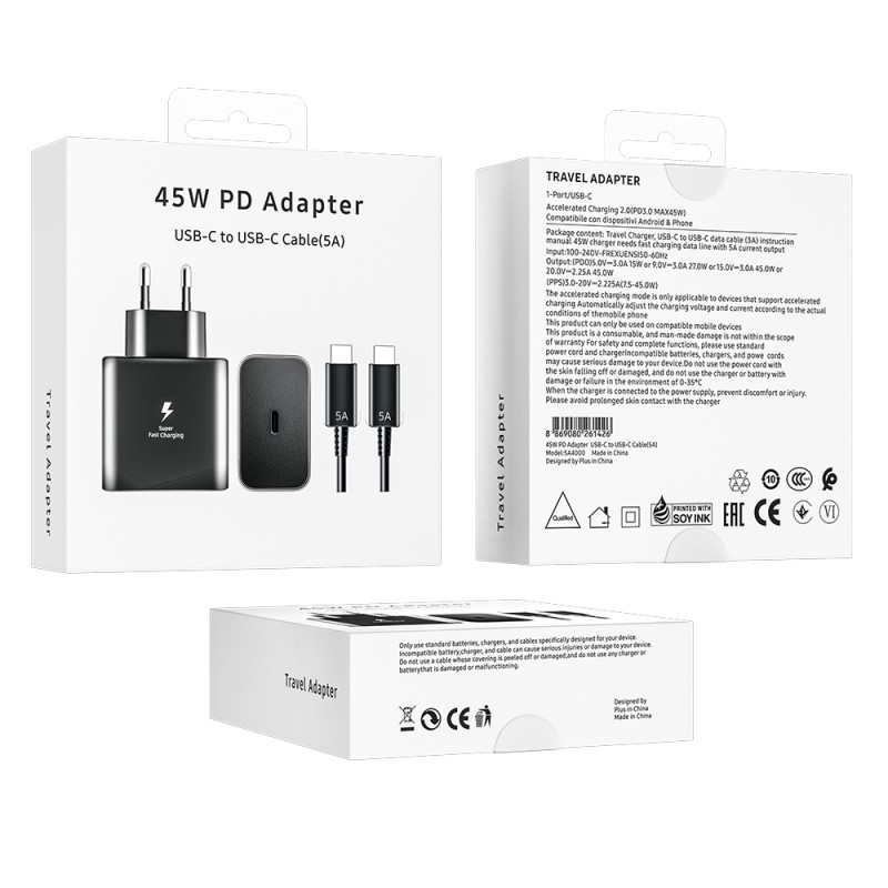 J8545 Prise PD 45W + Cable Type-C vers Type-C Noir Chargeur Complet